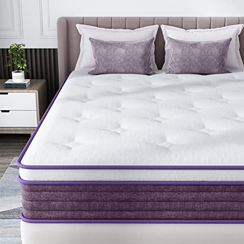 REGOSS 10 Inch Innerspring Hybrid Mattress, Motion Isolation Individually Wrapped Pocket Coils Mattress, Queen Size Mattress in a Box, Foam and Spring Mattress for Pressure Relief, Purple