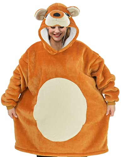 LASSUPIN Teddy Brown Bear Wearable Blanket Sweatshirt Sherpa Oversized Hoodie TV-Blanket with Sleeves and Pockets for Adults Men Women Teens One Size Fits All
