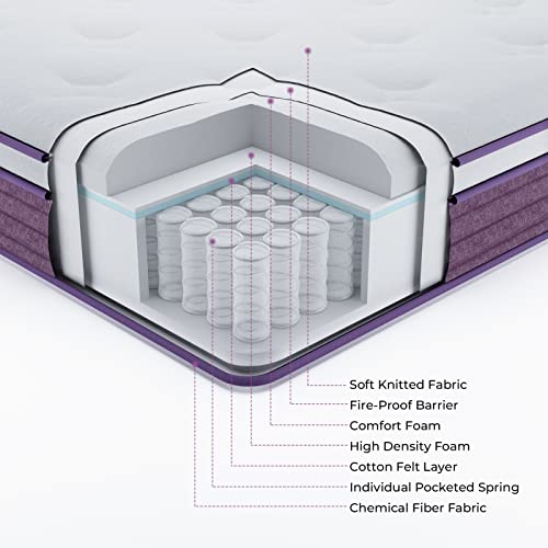 REGOSS 10 Inch Innerspring Hybrid Mattress, Motion Isolation Individually Wrapped Pocket Coils Mattress, Queen Size Mattress in a Box, Foam and Spring Mattress for Pressure Relief, Purple