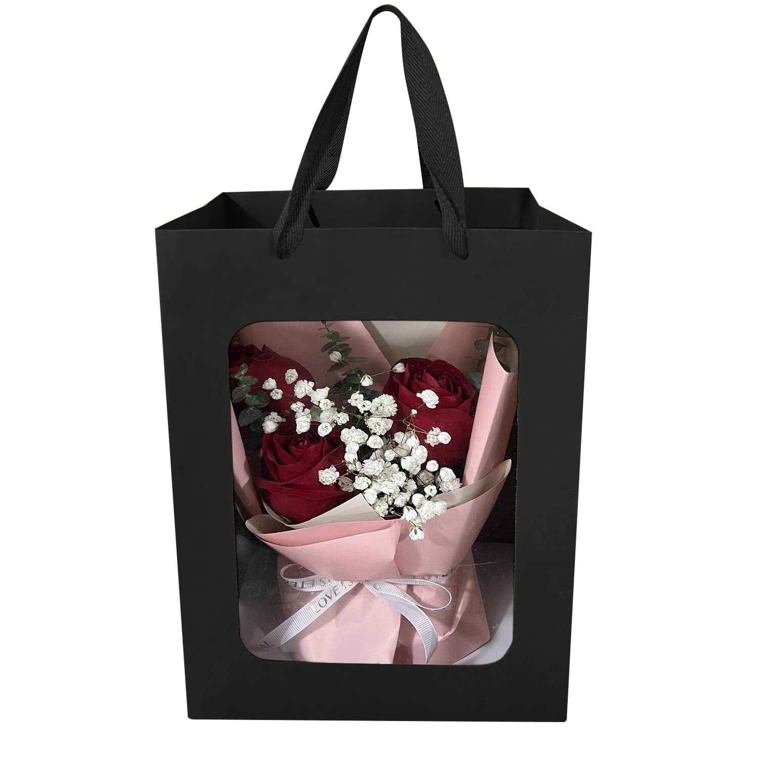 12 Pcs Black Kraft Paper Gift Bags with Transparent Window, 9.84"x7.0"x5.12" Kraft Shopping Bags with Handles for Present, Festivals Party