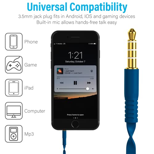 ARC Wired Earbuds in-Ear Headphones, Earphones with Microphone, Slide Volume Control Noise Isolation Ear Buds Ear Tips, 3.5mm Jack for iPhone, iPad, Samsung, Computer, Laptop, Gaming, Sports - Blue