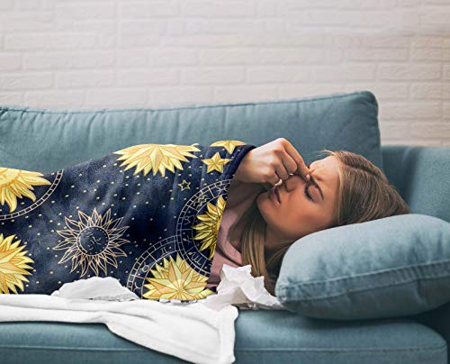 Flannel Fleece Throw Blankets, Boho Chic Golden Sun Moon and Stars Blue Black Sky Antique Style Decorative Blankets, Lightweight Super Soft Luxurious Cozy Blanket for Couch Bed Sofa Chair