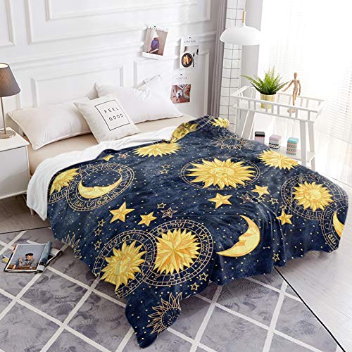 Flannel Fleece Throw Blankets, Boho Chic Golden Sun Moon and Stars Blue Black Sky Antique Style Decorative Blankets, Lightweight Super Soft Luxurious Cozy Blanket for Couch Bed Sofa Chair