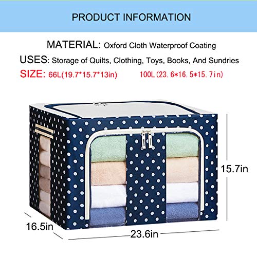 Storage Bags For Clothes 26.42gal 2Pcs Foldable Storage Cubes Boxes With Lids Sturdy Zipper Clear Window and Reinforced Handles for Blanket Clothing Sweater Pillow Underbed Storage Bags (23.6''×16.5''×15.7'', Blue)