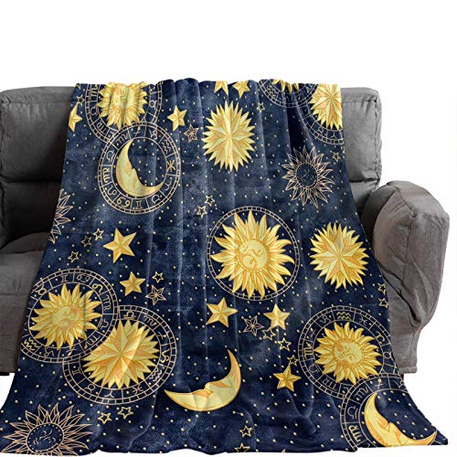 Flannel Fleece Throw Blankets, Boho Chic Golden Sun Moon and Stars Blue Black Sky Antique Style Decorative Blankets, Lightweight Super Soft Luxurious Cozy Blanket for Couch Bed Sofa Chair