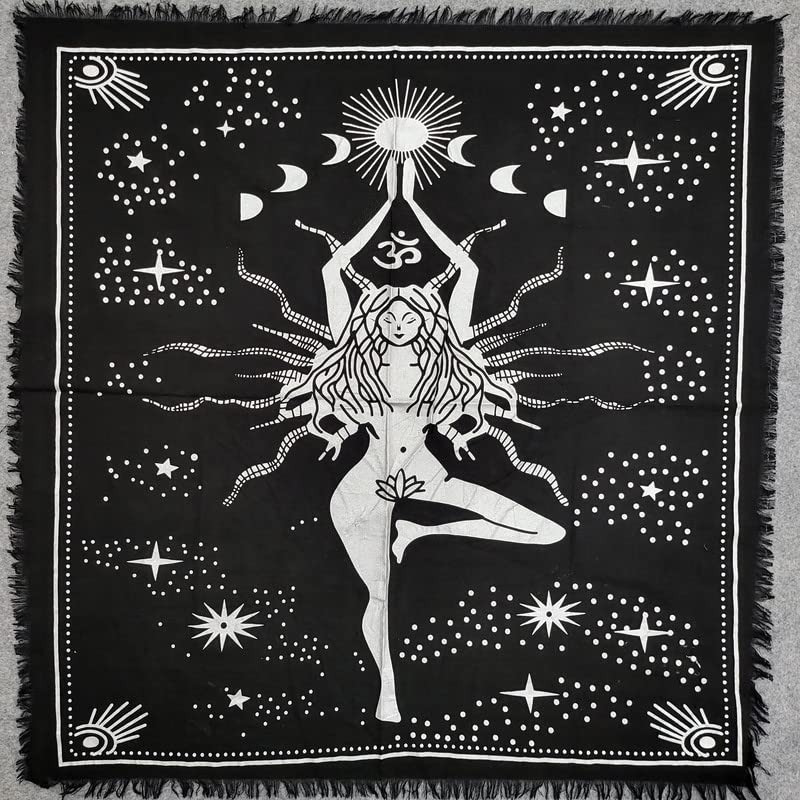 THE ART BOX Altar Cloth Tarot Cards Table Napkins Witchcraft Supplies Black Gold Tablecloth Square Alter Pagan Spiritual Celestial Deck Cloth with Fringes, Natraj-Silver, 36X36 Inch