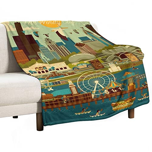 Vintage Chicago Art Blanket Throw Flannel Luxury Couch Comfortable Bed Warm Soft Fluffy Plush Fleece Blankets Living Room Sofa Bedroom Tapestry Decoration 50"x70"