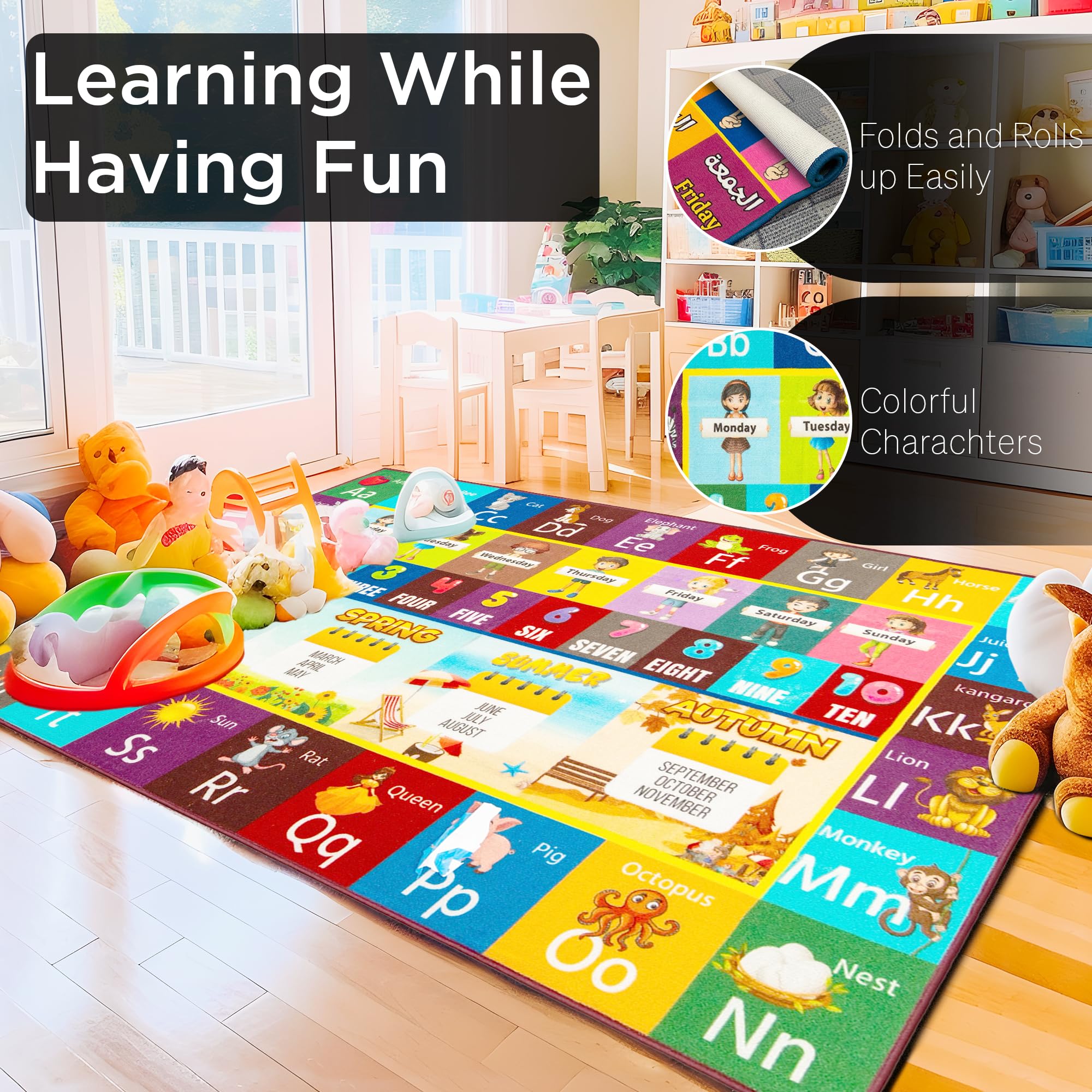 MOMOTOYS Alphabet Rug, 78" x 60" Educational & Imaginative Play Mat for Toddlers 2-4 Years, Soft Non-Slip Nursery Rugs & Playroom Floor Mat, Perfect for Classroom Decor