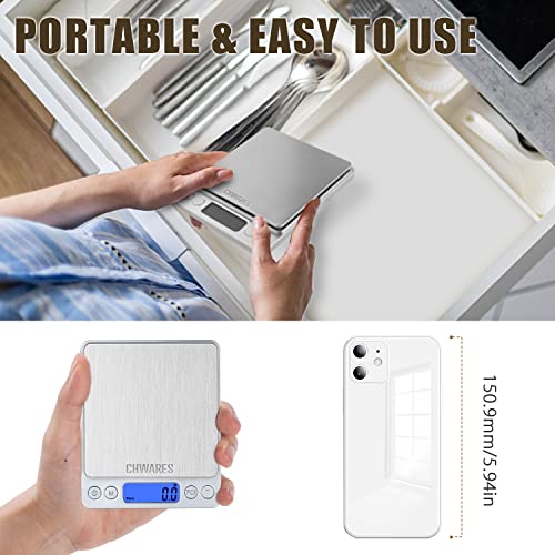 Food Scale, CHWARES Rechargeable Kitchen Scale with Trays 3000g/0.1g, Small Scale with Tare Function Digital Scale Grams and Ounces for Weight Loss, Dieting, Cooking, Meal Prep, Coffee, Jewelry