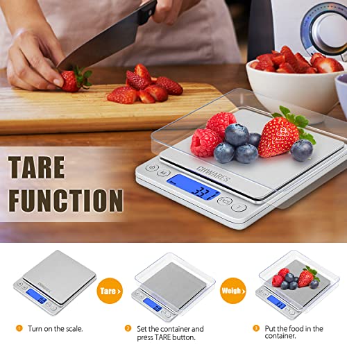 Food Scale, CHWARES Rechargeable Kitchen Scale with Trays 3000g/0.1g, Small Scale with Tare Function Digital Scale Grams and Ounces for Weight Loss, Dieting, Cooking, Meal Prep, Coffee, Jewelry