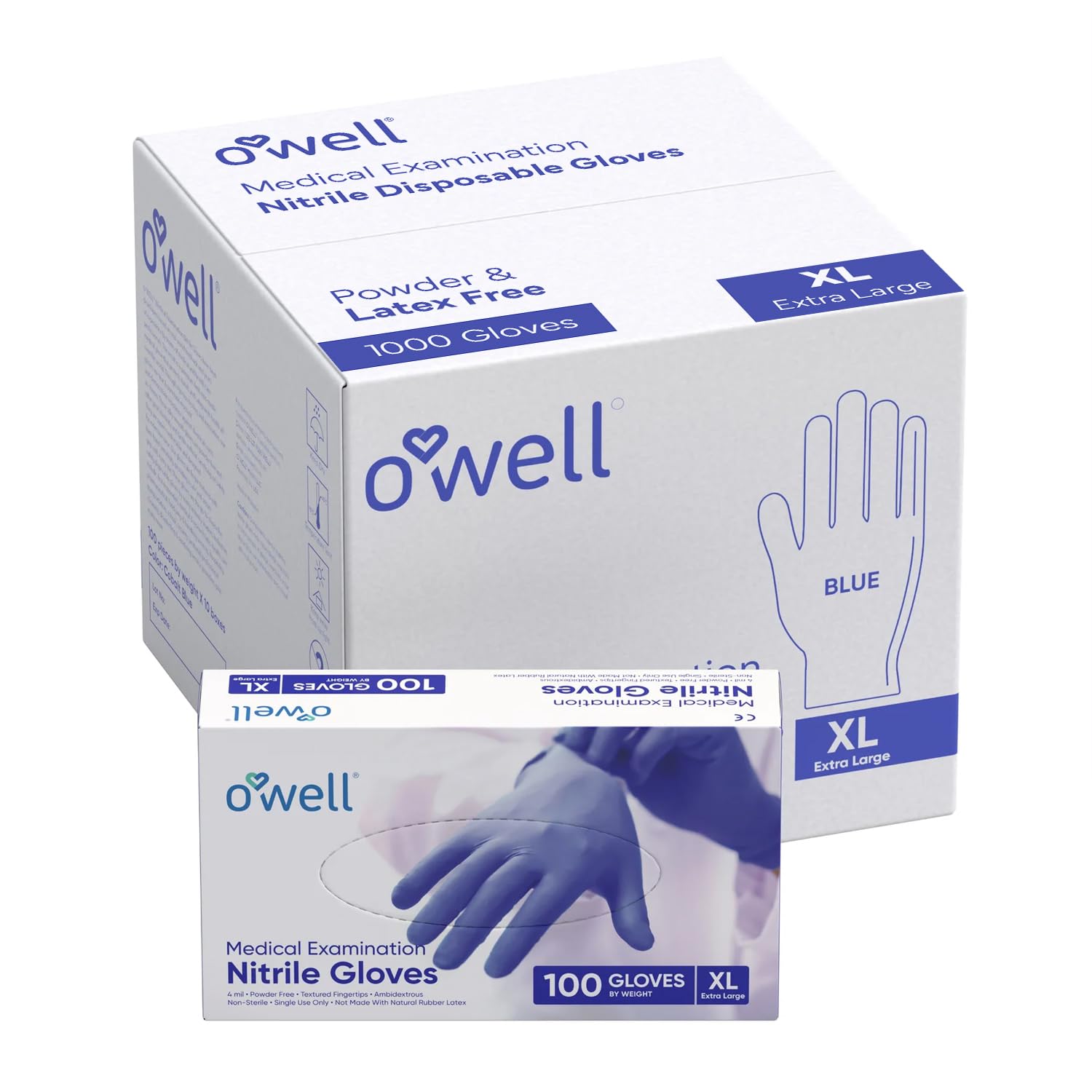 OWELL Professional Medical Examination Nitrile Gloves, Powder & Latex-Free Disposable Gloves, 4Mil Resistant Blue Medical Glove, First Aid Med Gloves, X-Small Size Exam Gloves, Case of 1000 Count