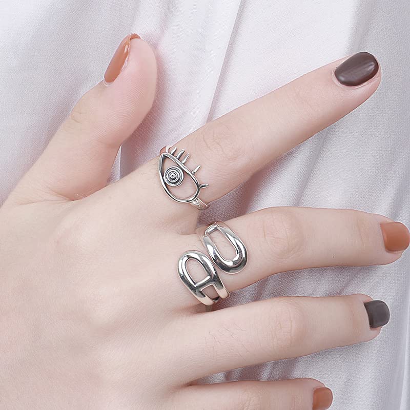 BOKIIWA Evil Eye Ring-925 Silver Open Cuff Adjustable Evil Eye Statement Love Lucky Protection Rings for Women Jewelry (Evil Eye Ring)