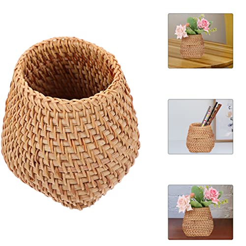 Operitacx Woven Pen Container Rattan Pencil Holder Wicker Pen Cup Rattan Vase Makeup Brushes Holder Desktop Sundries Organizer Container Box for Office Home Utensil Cutlery