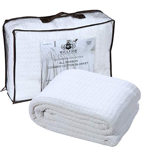 HILLFAIR 100% Soft Premium Combed Cotton Thermal Blanket– Queen Blankets– Soft Cozy Warm Cotton Blanket– Bed Throw Blanket– Queen Bed Blankets– All Season Cotton Blanket– White Queen Cotton Blankets