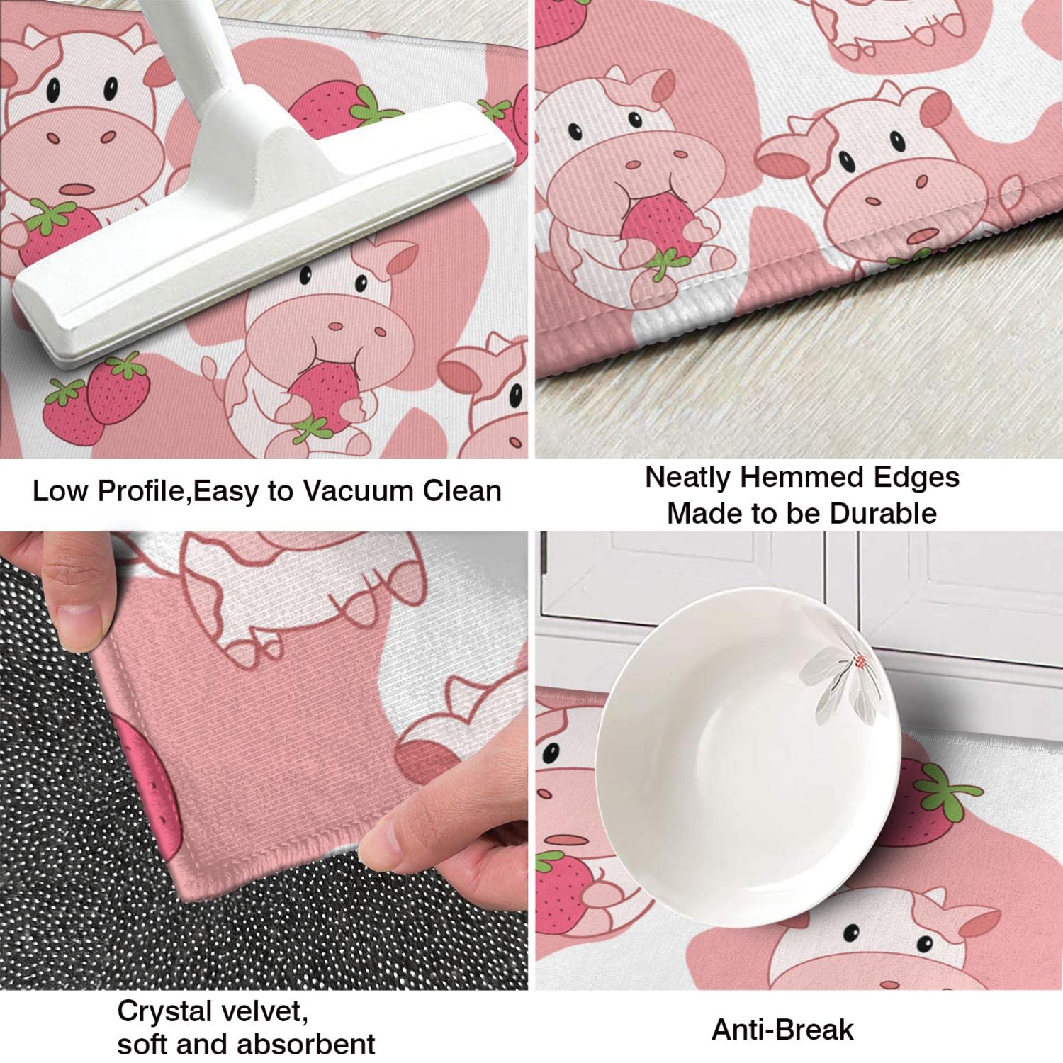 Brilbcu Strawberry Cow Kitchen Mats Set 2 Piece Pink Strawberry Cow Decorative Rugs for Kitchen Low-Profile Strawberry Cow Floor Mats Decorations for Home Kitchen (17x48+17x24 Cute Cow Kitchen Rug)