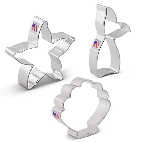Mermaid Ocean Cookie Cutters 3-Pc Set Made in USA by Ann Clark, Mermaid Tail, Starfish, Seashell