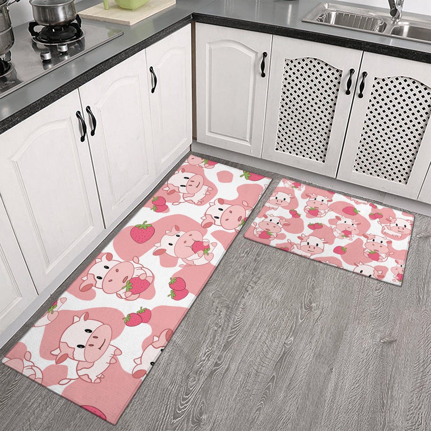 Brilbcu Strawberry Cow Kitchen Mats Set 2 Piece Pink Strawberry Cow Decorative Rugs for Kitchen Low-Profile Strawberry Cow Floor Mats Decorations for Home Kitchen (17x48+17x24 Cute Cow Kitchen Rug)