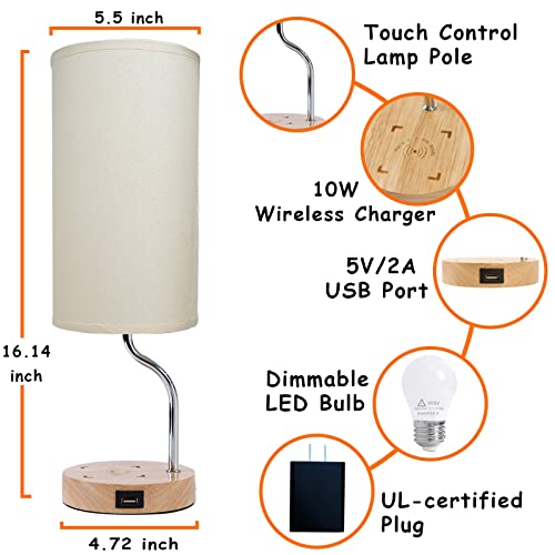 Unfusne Bedside Lamp with Wireless Charger,Nightstand Lamp with USB Port,Dimmable Modern Table Lamp,Touch Lamps for Bedrooms Living Rooms Beside Table,5W Bulb Included