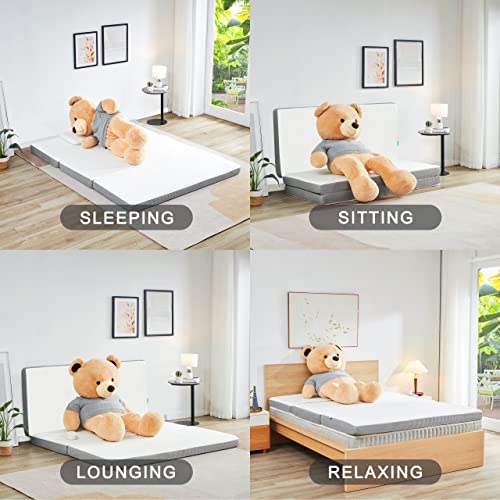 Kingfun Memory Foam Folding Mattress, 4 Inch Gel-Infused Foldable Floor Mattress, Breathable Tri-fold Mattress Topper with Bamboo Cover, Soft Folding Foldable Portable Floor Guest Bed (Single)