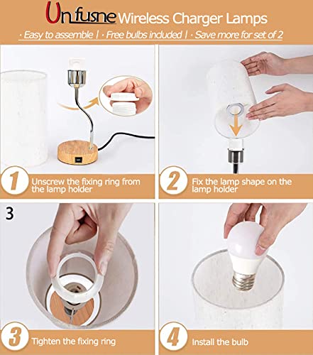 Unfusne Bedside Lamp with Wireless Charger,Nightstand Lamp with USB Port,Dimmable Modern Table Lamp,Touch Lamps for Bedrooms Living Rooms Beside Table,5W Bulb Included