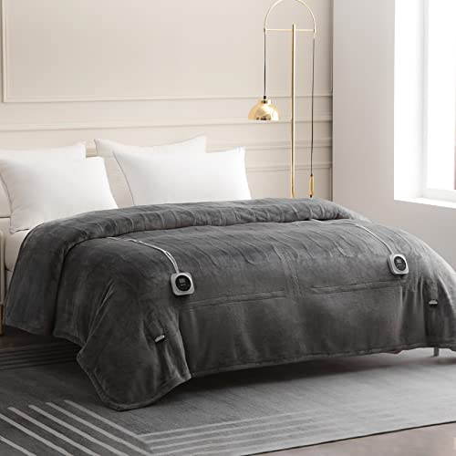 HOMLYNS Electric Blanket Queen Size Dual Control, Heated Blanket with 1-12H Timer Auto-Off & 10 Heating Levels, Fast Heating Blanket Machine Washable, Home Office Use ETL Certified, Grey (84x90)