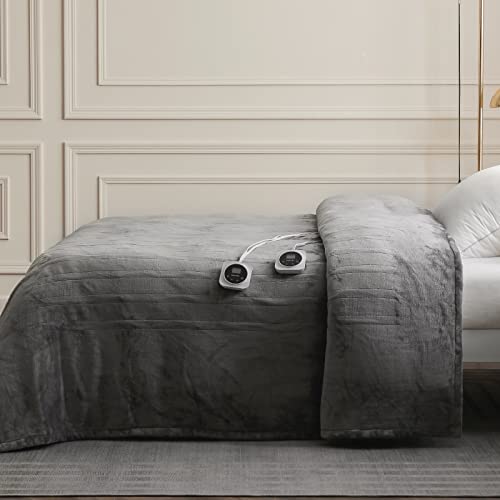 HOMLYNS Electric Blanket Queen Size Dual Control, Heated Blanket with 1-12H Timer Auto-Off & 10 Heating Levels, Fast Heating Blanket Machine Washable, Home Office Use ETL Certified, Grey (84x90)