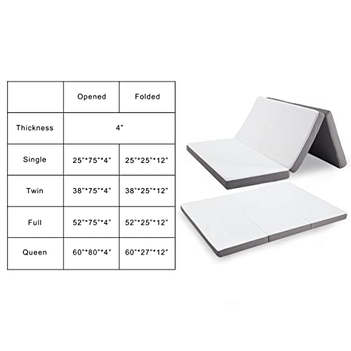 Kingfun Memory Foam Folding Mattress, 4 Inch Gel-Infused Foldable Floor Mattress, Breathable Tri-fold Mattress Topper with Bamboo Cover, Soft Folding Foldable Portable Floor Guest Bed (Single)