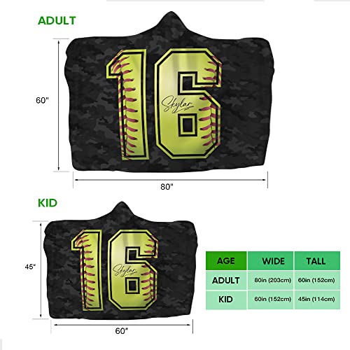 Ohaprints Custom Softball Ball Pattern Camoflage Black Grey Player Fan Gift Personalized Name Number Sherpa Hoodie Blanket Soft Travel Camping Wearable Hooded Blankets Cape Wrap Plush Fuzzy Comfy Cozy