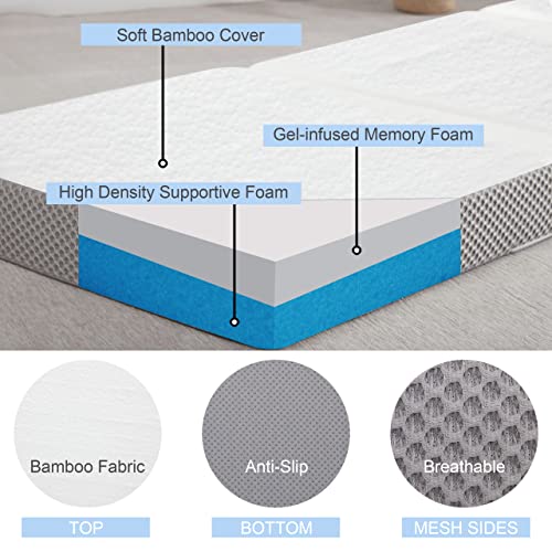 Kingfun Memory Foam Folding Mattress, 4 Inch Gel-Infused Foldable Floor Mattress, Breathable Tri-fold Mattress Topper with Bamboo Cover, Soft Folding Foldable Portable Floor Guest Bed (Single)