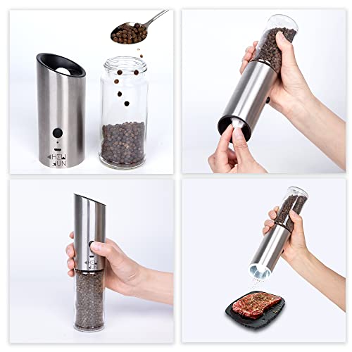 USB Rechargeable Electric Gravity Salt and Pepper Grinder Set with Adjustable Coarseness Automatic Pepper and Salt Mill Set with White LED Light,One Hand Operated,Brushed Stainless Steel by CHEW FUN
