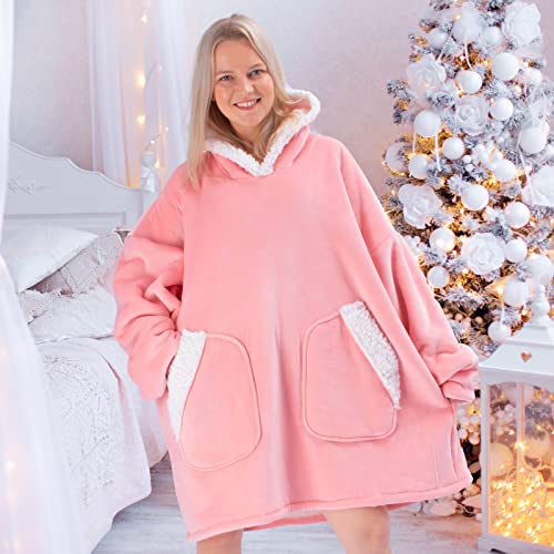 Comore Blanket Hoodie-Oversized Wearable Blanket Sweatshirt Cozy Warm Soft Sherpa with Giant Patch Pockets for Women Kids Men Adults Pink