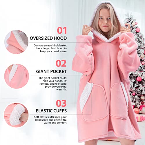Comore Blanket Hoodie-Oversized Wearable Blanket Sweatshirt Cozy Warm Soft Sherpa with Giant Patch Pockets for Women Kids Men Adults Pink