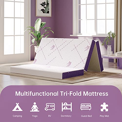 TeQsli Folding Mattress Full Size, 4-Inch Foldable Mattress, Tri-Fold Gel Memory Foam Mattress with Washable Cover, Portable Mattress for Traveling, Camping, Guest Bed
