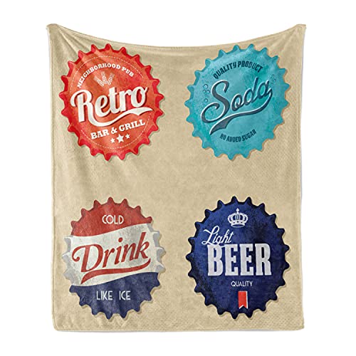 Lunarable 1950s Throw Blanket, Retro Bottle Caps Design Beer Drink Soda Old Times Old Days Memories Fun Happy, Flannel Fleece Accent Piece Soft Couch Cover for Adults, 50" x 70", Multicolor