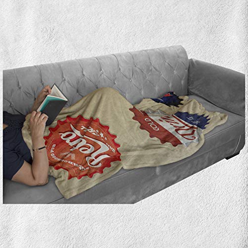 Lunarable 1950s Throw Blanket, Retro Bottle Caps Design Beer Drink Soda Old Times Old Days Memories Fun Happy, Flannel Fleece Accent Piece Soft Couch Cover for Adults, 50" x 70", Multicolor