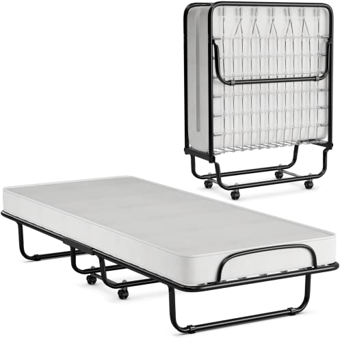 KOMFOTT Rollaway Folding Bed with 4" Mattress, Foldable Rollaway Bed with Memory Foam Mattress for Adults, Portable Fold Up Guest Bed with Sturdy Steel Frame on Wheels for Home & Office, MadeΒ inΒ Italy