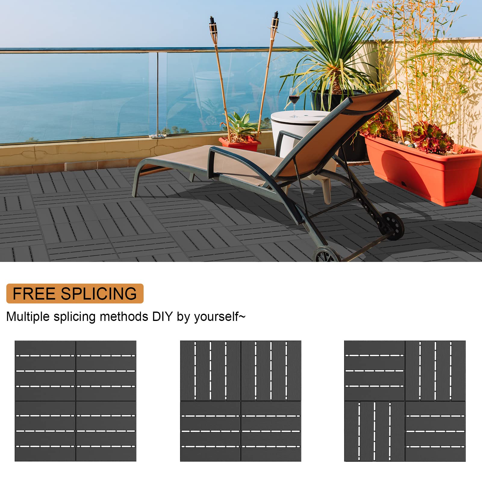 Goovilla Plastic Interlocking Deck Tiles, 9 Pack , 12"x12" Waterproof Outdoor Flooring All Weather Use, Patio Floor Decking Tiles for Porch Poolside Balcony Backyard, Dark Grey