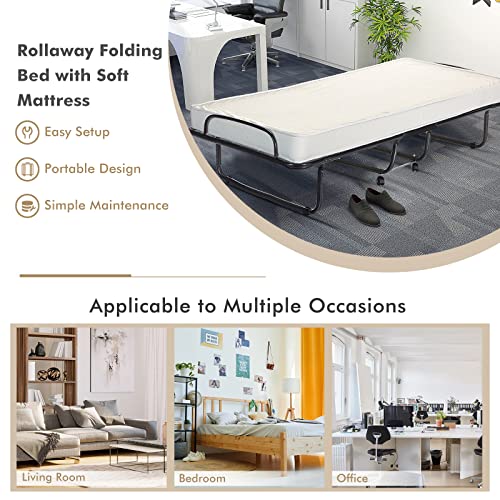 KOMFOTT Rollaway Folding Bed with 4" Mattress, Foldable Rollaway Bed with Memory Foam Mattress for Adults, Portable Fold Up Guest Bed with Sturdy Steel Frame on Wheels for Home & Office, Made in Italy