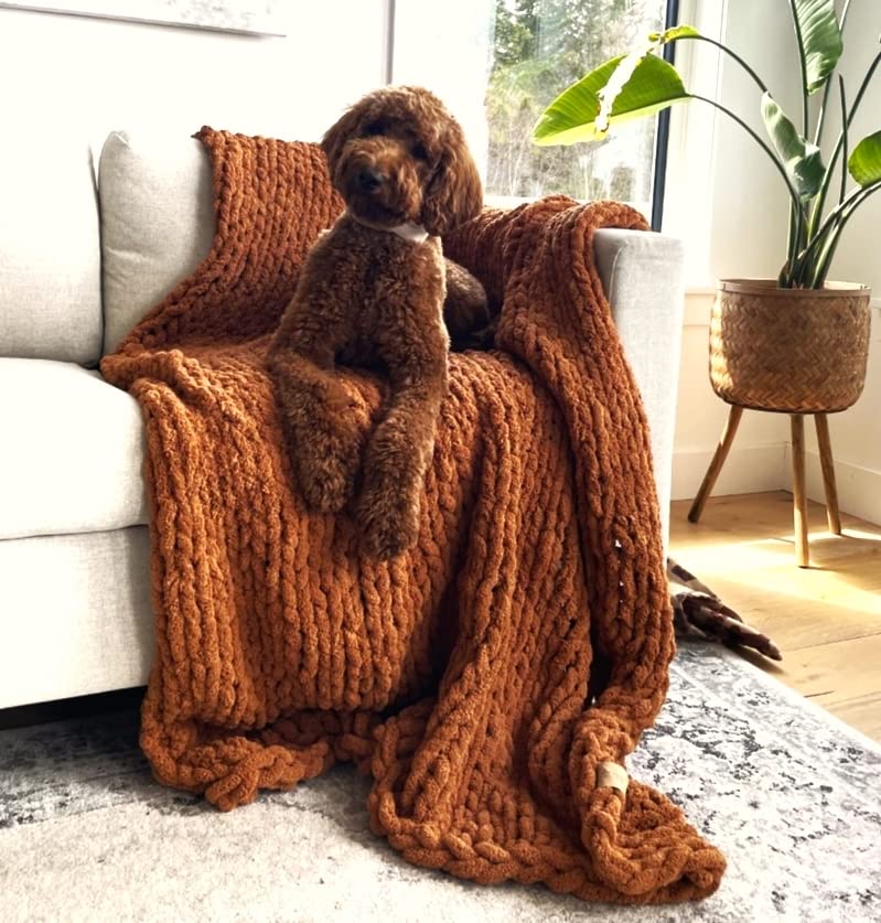 White Oak Village Large Chunky Knit Blanket 50x70; Boho Throw; Tight Braid Cable Knit Throw for Sofa Throw for Bed; Chenille Weighted Blanket 4.5lbs Farmhouse Decor (Deep Ginger)