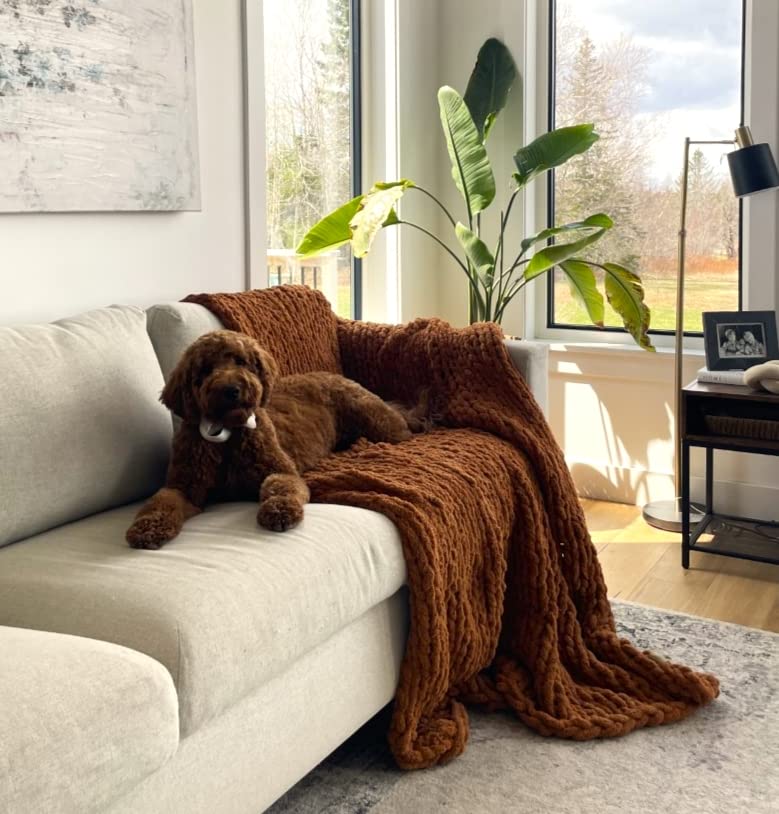 White Oak Village Large Chunky Knit Blanket 50x70; Boho Throw; Tight Braid Cable Knit Throw for Sofa Throw for Bed; Chenille Weighted Blanket 4.5lbs Farmhouse Decor (Deep Ginger)