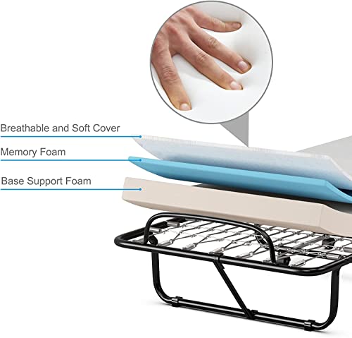 KOMFOTT Rollaway Folding Bed with 4" Mattress, Foldable Rollaway Bed with Memory Foam Mattress for Adults, Portable Fold Up Guest Bed with Sturdy Steel Frame on Wheels for Home & Office, Made in Italy