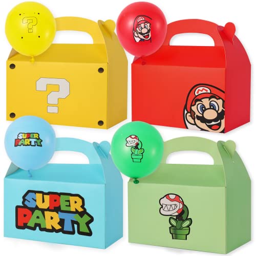Joyhood Video Game Party Treat Box Compatible With Super M Party - 24 PCS Gift Boxes + 8 Ballon Gifts - Favor Snack Goody Cardboard Bag Gift Giving And Birthday Party Favors Decorations Supplies