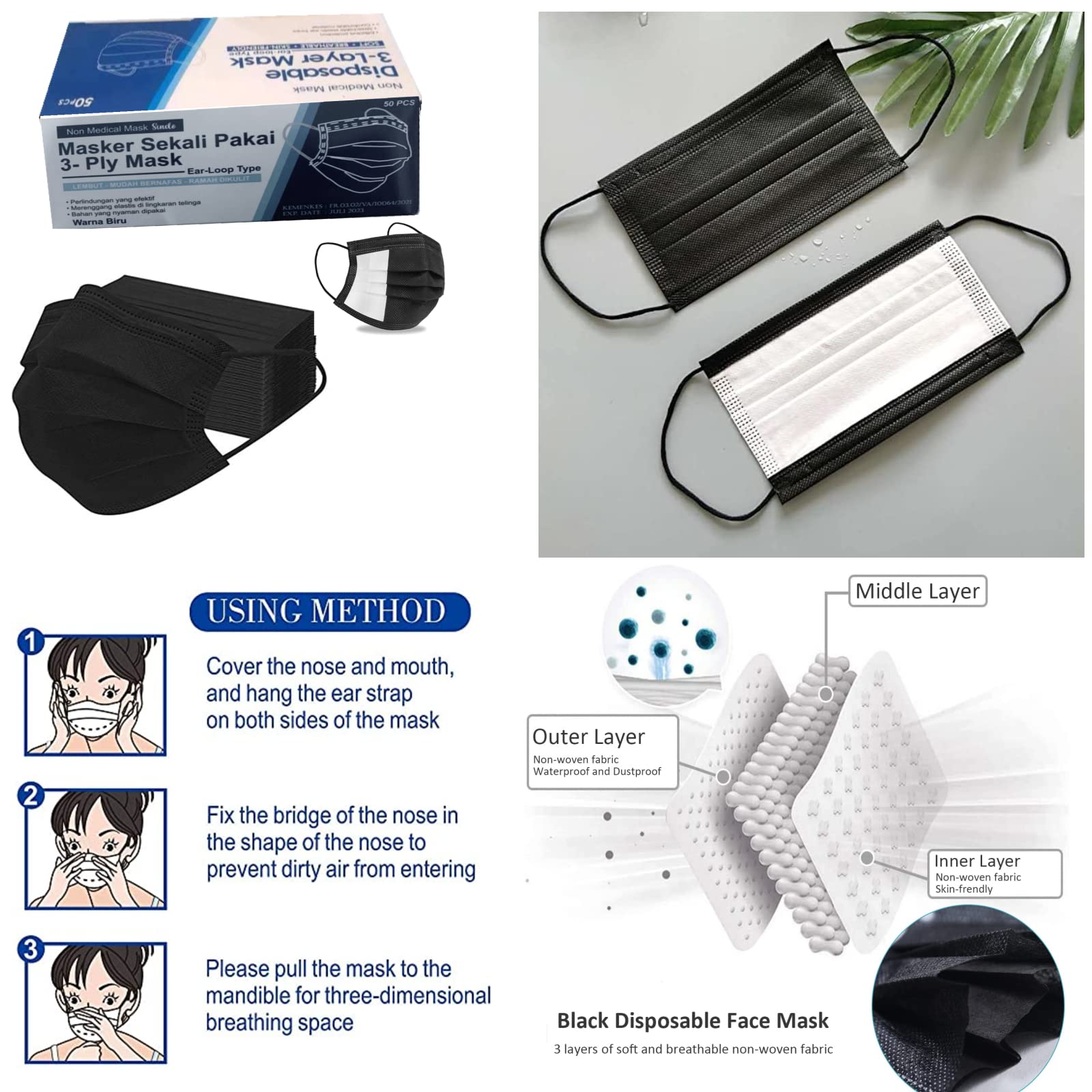 Disposable 50 Pack Face Mask 3 Ply Filter Protection, 50 Disposable Protective Mask (50 Pieces, Black)