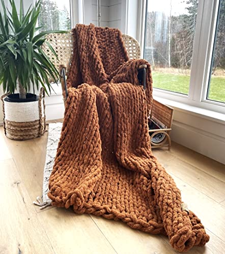 White Oak Village Large Chunky Knit Blanket 50x70; Boho Throw; Tight Braid Cable Knit Throw for Sofa Throw for Bed; Chenille Weighted Blanket 4.5lbs Farmhouse Decor (Deep Ginger)