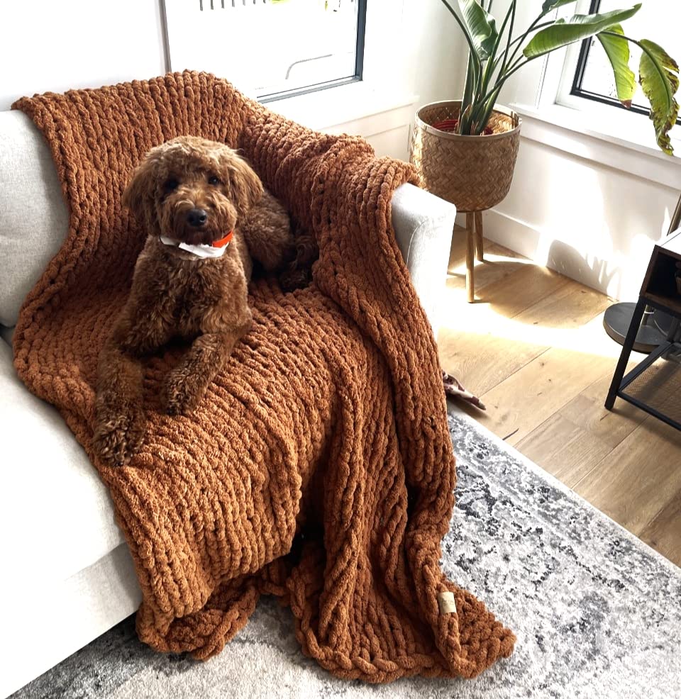 White Oak Village Large Chunky Knit Blanket 50x70; Boho Throw; Tight Braid Cable Knit Throw for Sofa Throw for Bed; Chenille Weighted Blanket 4.5lbs Farmhouse Decor (Deep Ginger)
