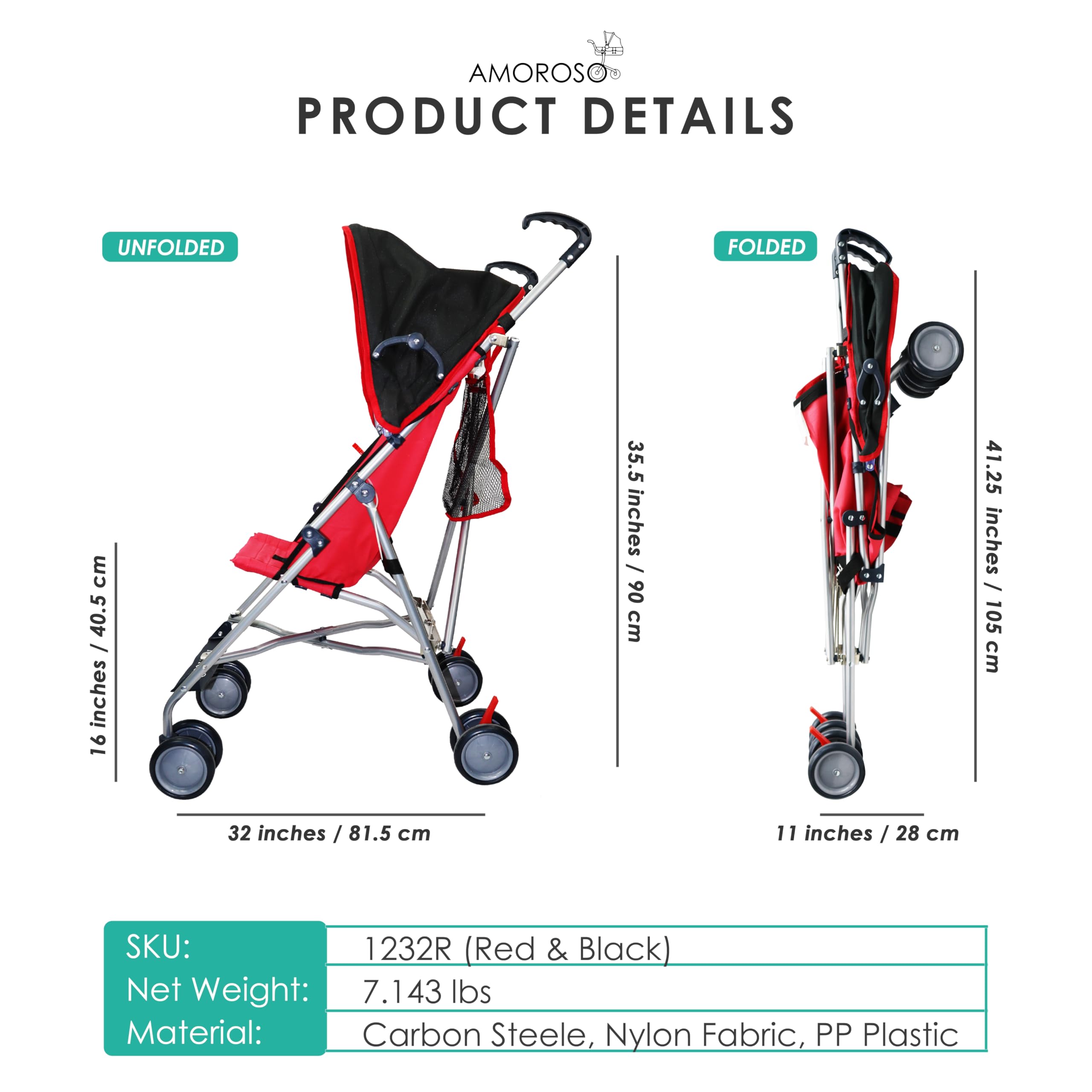 AmorosO Single Umbrella Stroller for Toddler, Travel Stroller for Babies - Sunlight and Light Rain Protection - Baby Stroller with Four EVA Wheels - Travel-Ready Stroller - Round Canopy (Red/Black)