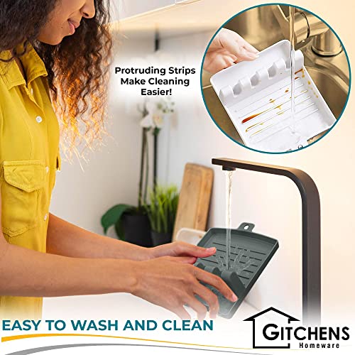 Gitchens Premium Utensil And Spoon Rest with Deep Drip Pad And Pot Lid Holder | Utensils And Spoons Cooking Stand for a Clean Grill, Stove And Kitchen | 2 Pack (White And Grey) with Hanging Hooks