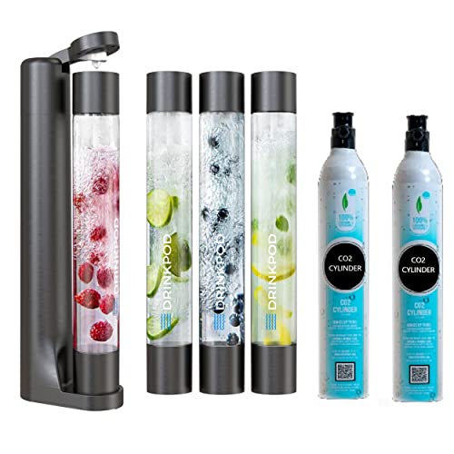 FIZZpod Soda Maker With TWO CO2 Cylinder- Fizzy Drink Machine with 3 PET Bottles, 3 Caps, 1 Carbonator Cap and Manual - Make Homemade Sparkle Water, Juice, Coffee, Tea and Cocktail Drinks with Fruit (Black + 2 CO2 + Stur Drink Mix)
