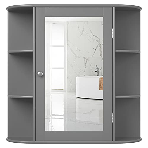 Moccha Bathroom Cabinet, Mirrored Wall Mounted Medicine Cabinet with Mirrored Door and 6 Open Shelves, Floating Shelf, Dressing Mirror with Storage Cabinet, Suitable for Foyer, Living Room (Gray)