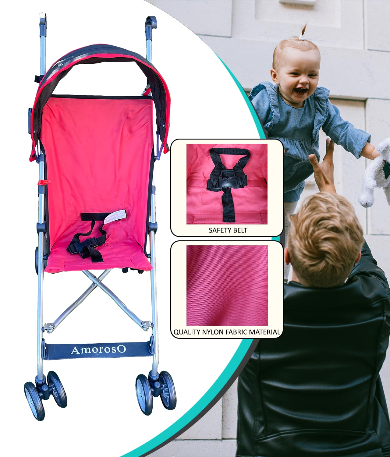 AmorosO Single Umbrella Stroller for Toddler, Travel Stroller for Babies - Sunlight and Light Rain Protection - Baby Stroller with Four EVA Wheels - Travel-Ready Stroller - Round Canopy (Red/Black)